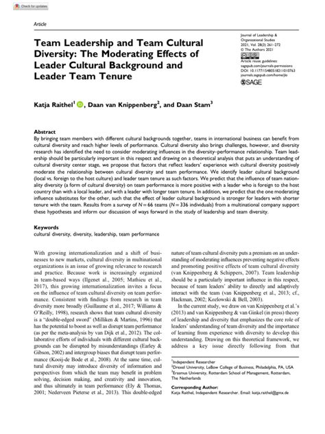 Team Leadership And Team Cultural Diversity The Moderating Effects Of Leader Cultural Background