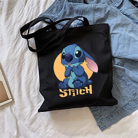 Stitch Print Canvas Tote Bag With Inner Pockets And Buttons Cartoon