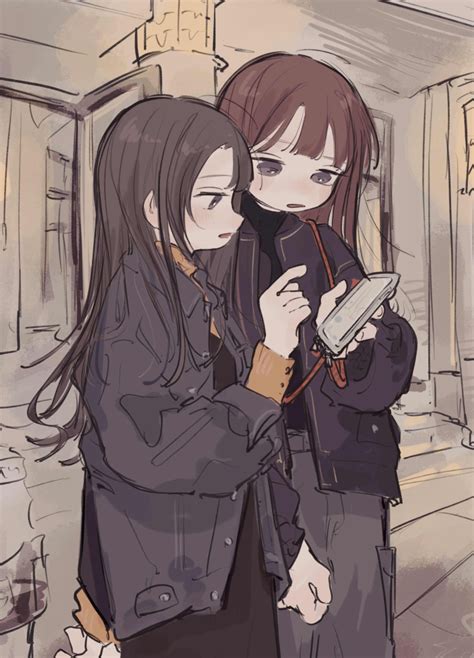 Safebooru 2girls Absurdres Black Hair Black Jacket Blush Brown Hair