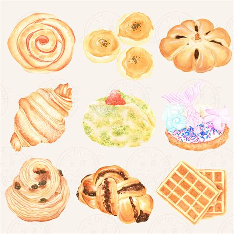 烘焙面包水彩手绘 各种面包 插画
