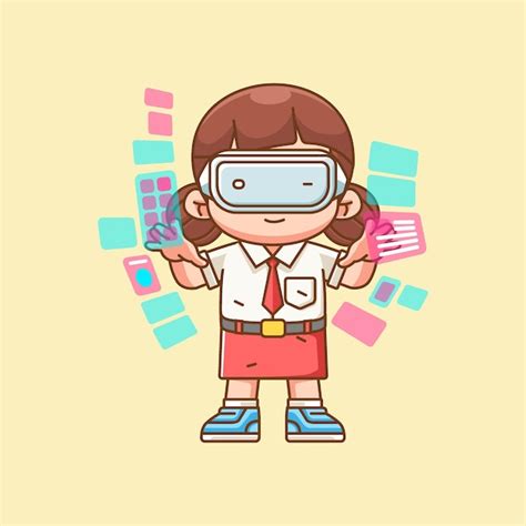 Cute Elementary School Girl Interact Virtual Reality Glasses Vr Kawaii