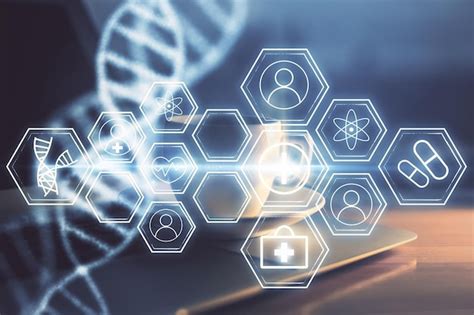 Premium Photo Desktop Computer Background And Dna Drawing Double Exposure Science Concept