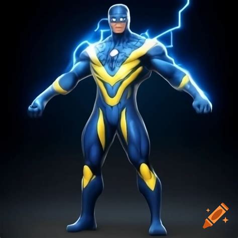 Dynamic Male Superhero In Blue Costume With Yellow Lightning Bolt