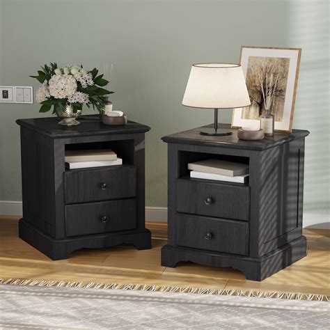 Okd Nightstand Set Of 2 With Charging Station Rustic End Table With 2 Drawers Farmhouse Side