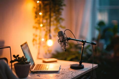 Premium Photo Podcast Setup With Microphone In A Cozy Room Lit By Warm Ambient Lights And