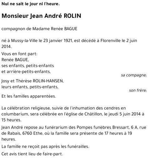 Avis De Décès De Jean André Rolin Décédé Le 02062014 à Florenville Annonce Condoléances