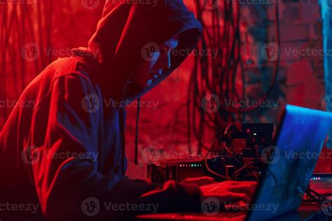 Hacker In Hood Hacking At Computer In Dark Room Computer Criminal Uses