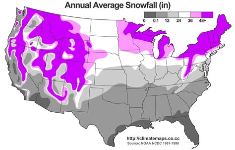 Average Annual Snowfall Map For The United States Of America Inches