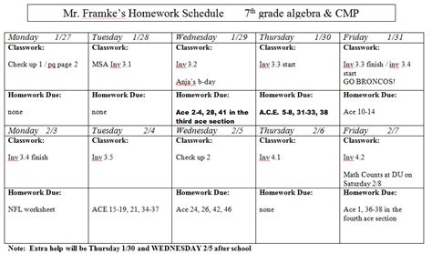 Slavens 7th Grade Math Homework Assignment Sheet