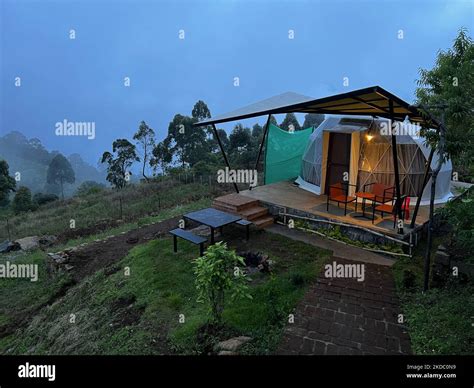Evening Scenery Alongside An Igloo Shaped Yurt Dome At A Upscale Glamping Fancy Camping