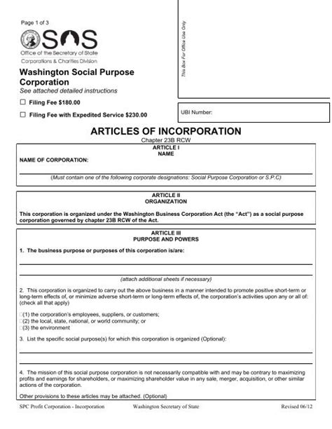 Social Purpose Corporation Articles Of Incorporation Washington