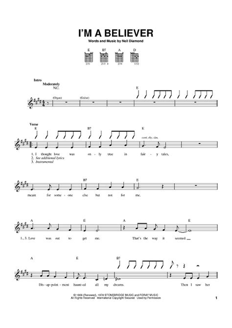 Im A Believer Sheet Music By Neil Diamond The Monkees Smash Mouth