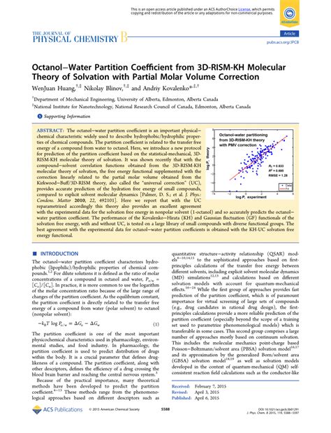 Pdf Octanolwater Partition Coefficient From 3d Rism Kh Molecular Theory Of Solvation With
