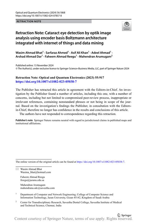 Retraction Note Cataract Eye Detection By Optik Image Analysis Using Encoder Basis Boltzmann
