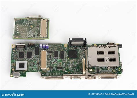 Close Up Of Motherboard Old Laptop With Empty Socket Base For Cpu And