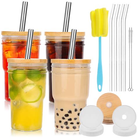 Moretoes 4pcs 16oz Glass Cups With Lids And Straws Glasssmoothieboba