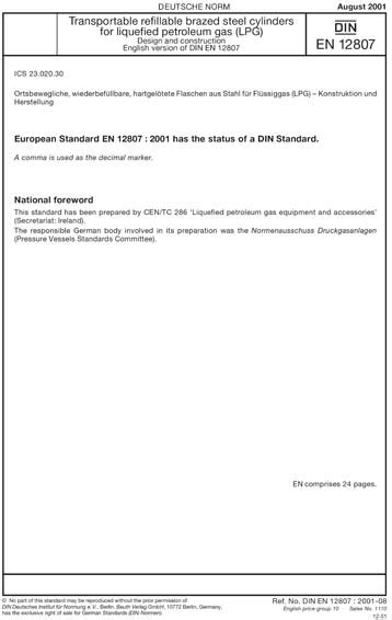 DIN EN 12807:2001 - Transportable refillable brazed steel cylinders for ...