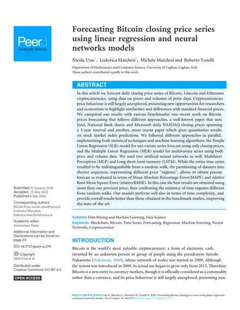 Pdf Forecasting Bitcoin Closing Price Series Using Linear Regression And Neural Networks Models