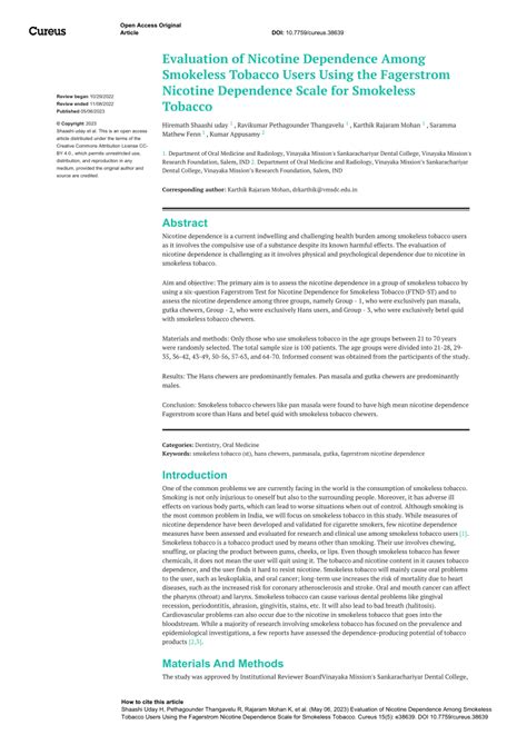 Pdf Evaluation Of Nicotine Dependence Among Smokeless Tobacco Users