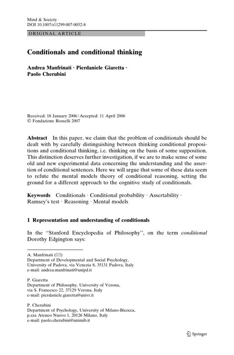 Pdf Conditionals And Conditional Thinking