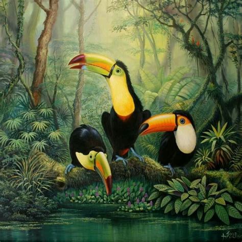 Pintura De Dos Tucanes En La Selva Ave Quetzal Guacamaya Azul