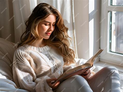 Premium Photo Beautiful Caucasian Girl Reading Book Indoors
