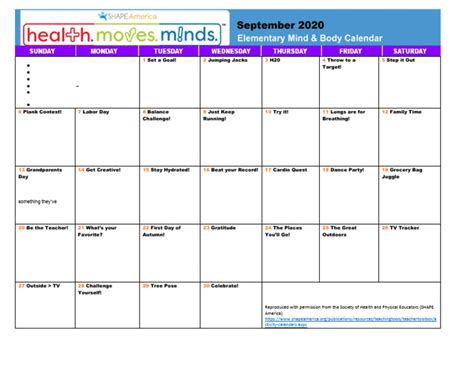 September2020 Mind Body Elementary Calendar Englis Pdf