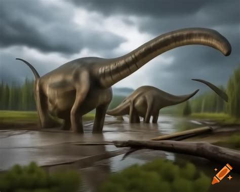 Striped Hadrosaurus Roaming Near Stream In British Columbia With