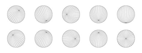 Set Of 3d Sphere Wireframe Icons In Different Positions Orb Models Spherical Shapes Grid