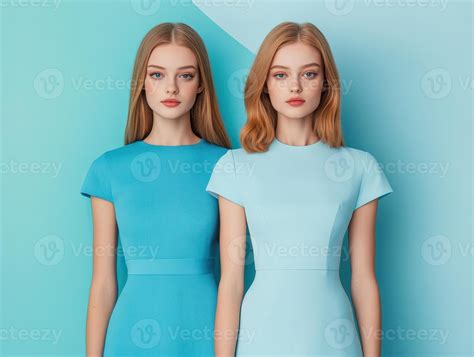 Twin Models In Matching Blue Dresses Posing Against A Stylish Blue