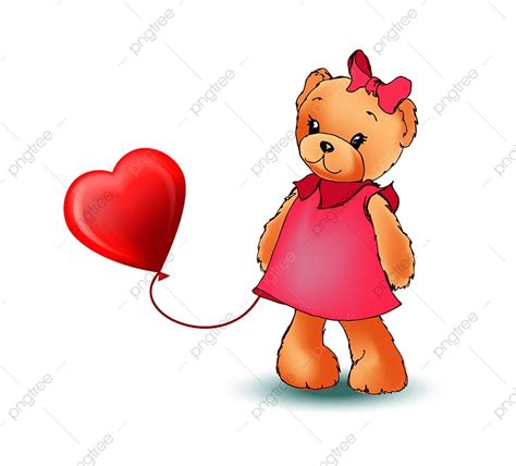 Female Teddy Bear Holding Red Balloon In Shape Of Heart In Paws