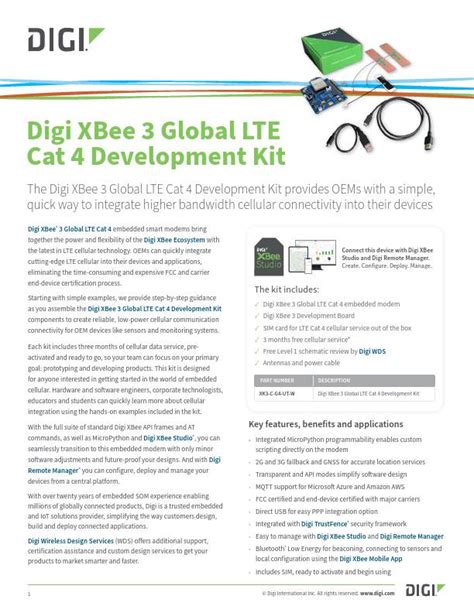 Digi Xbee 3 Global Lte Cat 4 Development Kit Datasheet Digi International
