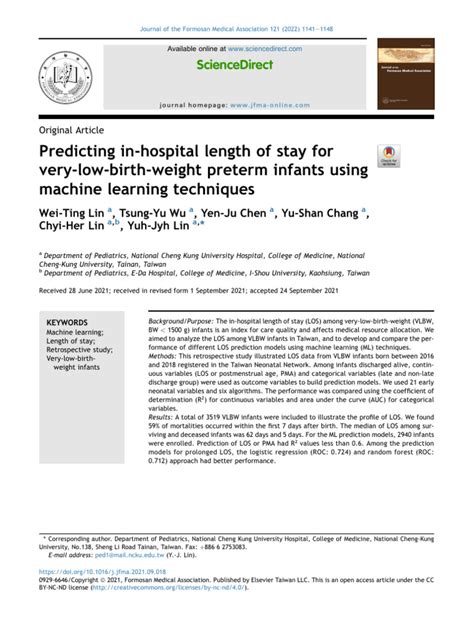 Predicting In Hospital Length Of Stay For Very Low Birth Weight Preterm