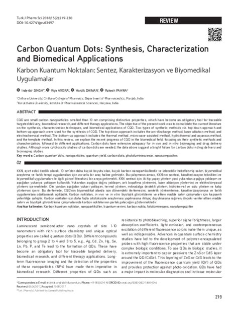Pdf Carbon Quantum Dots Synthesis Characterization And Biomedical