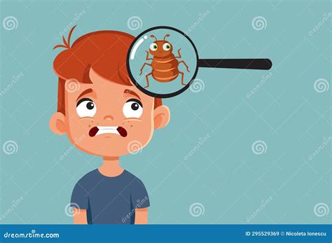 Boy With Lice Being Analyzed With A Magnifying Glass Vector Cartoon