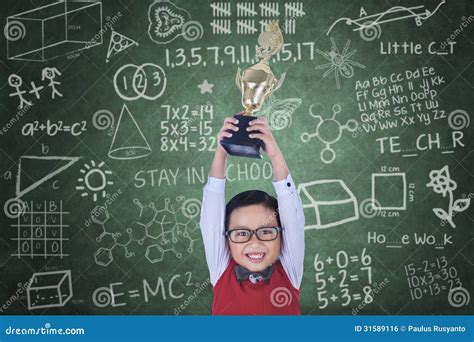 Boy Raising Trophy Kiss By His Mother In Class Stock Image