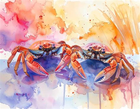 Colorful Watercolor Illustration Of Crabs In Vibrant Scene Stock