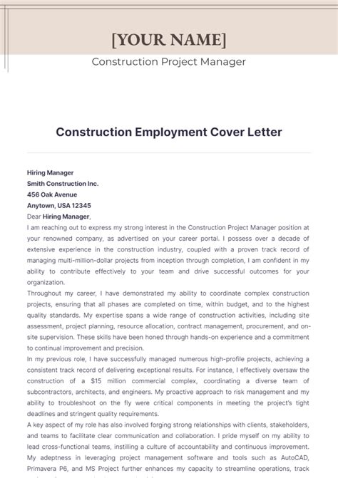 Free Construction Employment Cover Letter Template To Edit Online