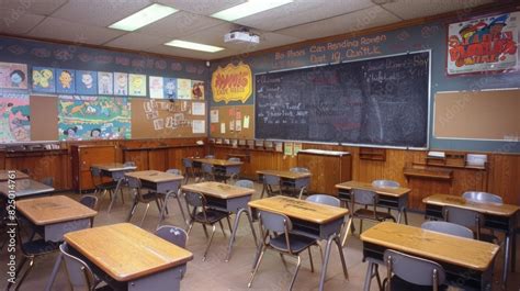 A 1990s School Classroom With A Chalkboard Desks Arranged In Rows And