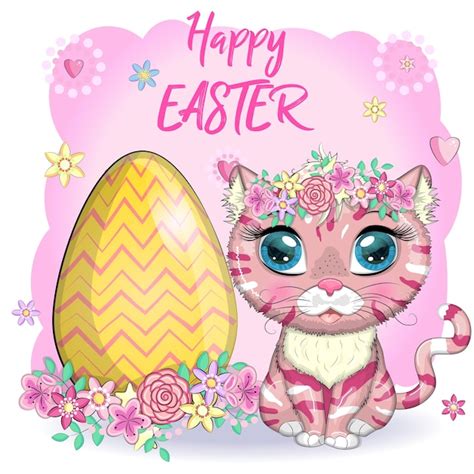Premium Vector Cute Cartoon Cat Near A Beautiful Easter Basket Full Of Eggs Happy Easter Card