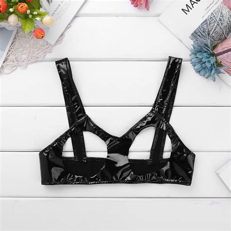 Women Sexy Cupless Bra Pvc Leather Nipples Open Cup Underwear Lingerie