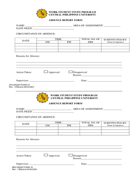 Fillable Online Work Student Study Program Absence Report Form Fax