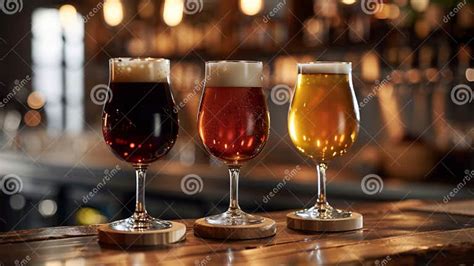 A Stylish And Inviting Display Of Three Craft Beers In Elegant Glasses