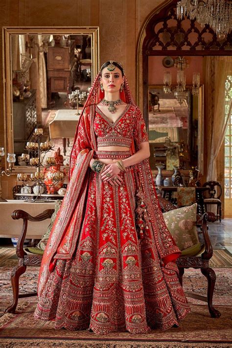 Scarlet Red Silk Bridal Lehenga Choli Set Scalloped Border Kamarband