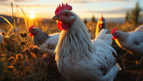 Majestic Rooster Crowing At Sunrise On Rural Chicken Farm Generated By
