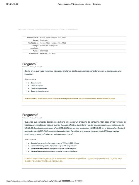 Autoevaluación N°2 Revisión De Intentos Distancia Pdf Valor Presente Neto Depreciación