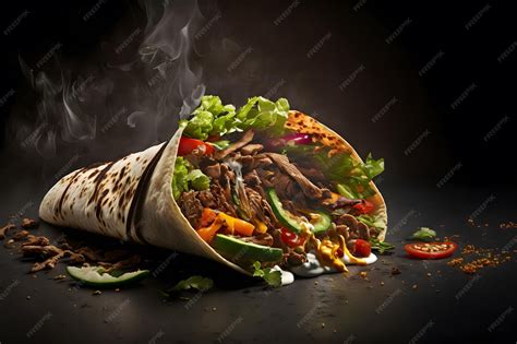 Gran Shawarma Kebab Frito Al Fuego Comida Callejera Sándwich Gyro Rollo