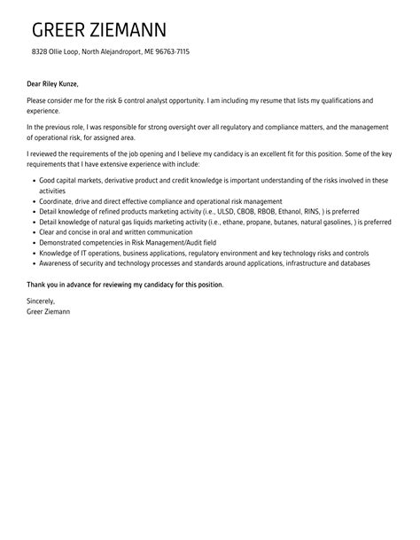 Risk And Control Analyst Cover Letter Velvet Jobs