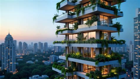 Modern High Rise Apartment Building With Vertical Green Plants