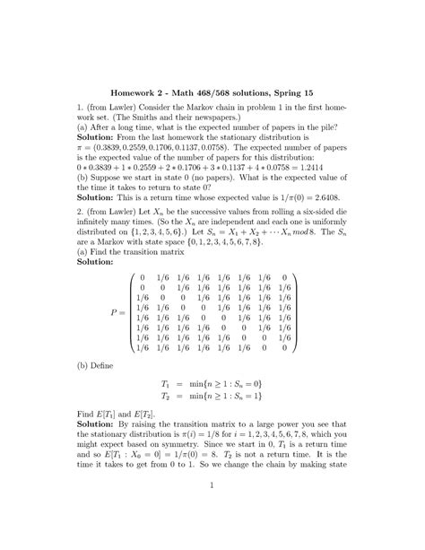 Hmwk2 Sol Solutions To Homework Assignment 2 Homework 2 Math Solutions Spring 15 1 From